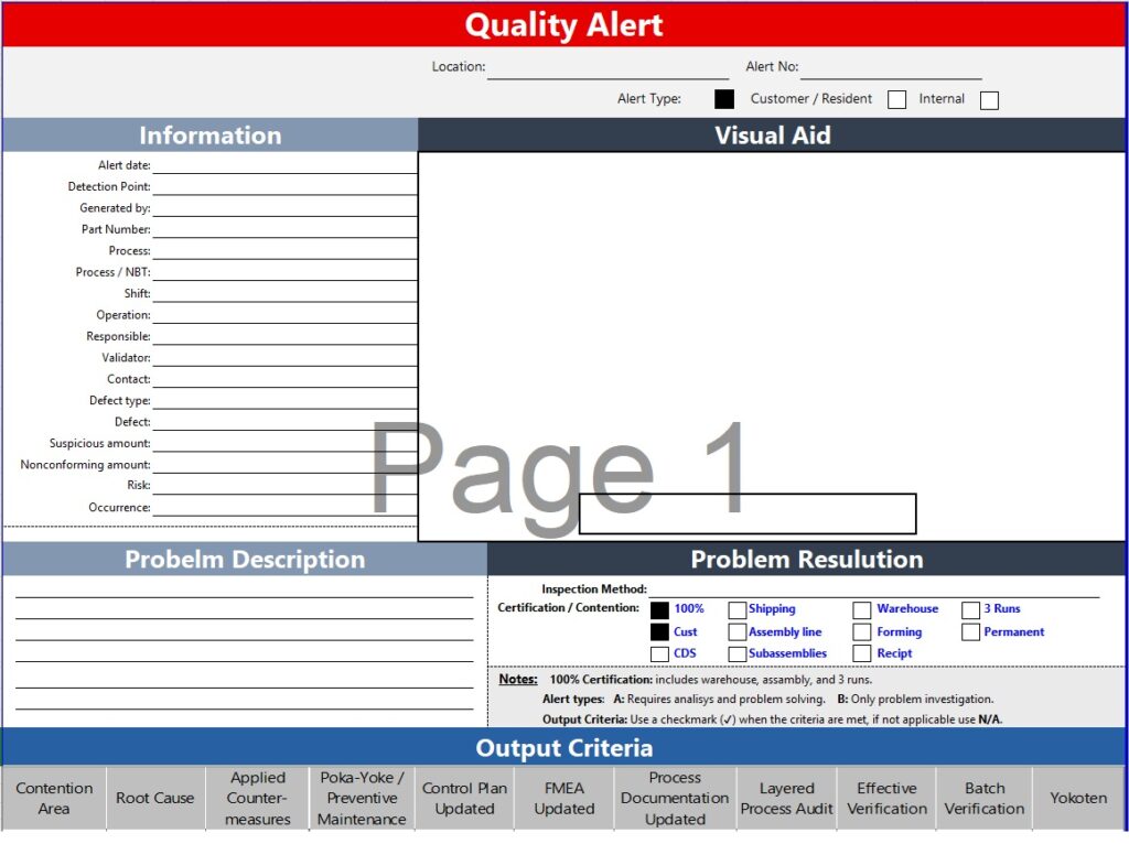 Quality Alert Template - Quality Corner